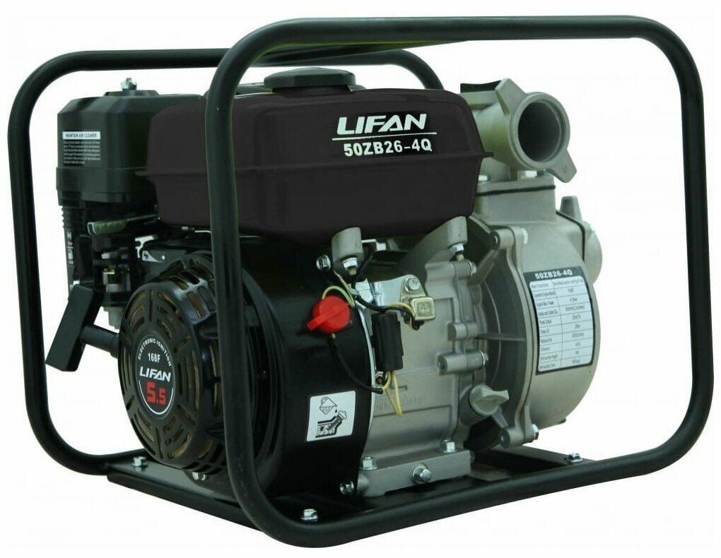 Мотопомпа Lifan 50ZB26-4Q (5,5 л. с, 25 м?/час, глубина/подъем 6/26 м, ? трубы 50 мм, 23 кг) 50ZB26-4Q