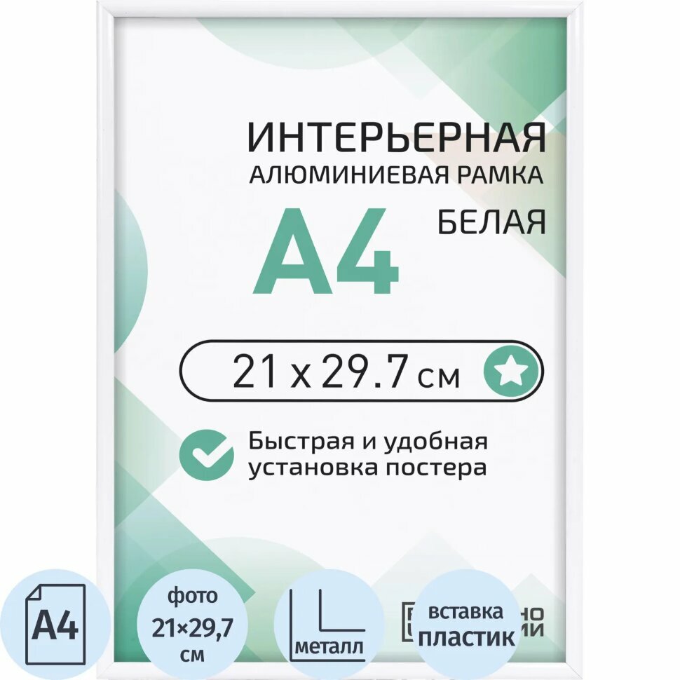 Рамка 210х297, белая, алюминевая, ПЭТ стекло, 2019_04_91_345, 2233101