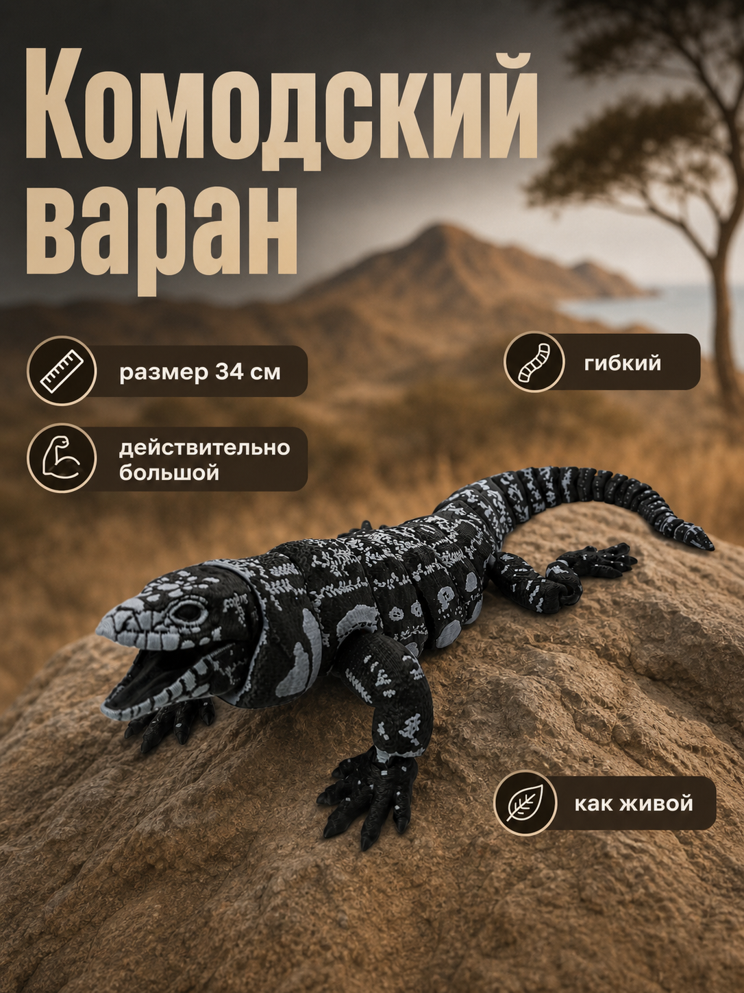 Игрушка подвижная большая ящерица, комодский варан, статуэтка для интерьера, реалистичная фигурка, серый, 34 см