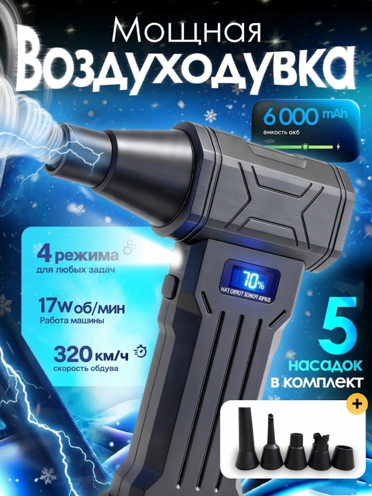 Воздуходувка беспроводная портативная, 170 000 об/мин, светодиодная подсветка, дисплей, регулировка скоростей, долгая работа, для кемпинга, барбекю, очистки пыли и авторемонта