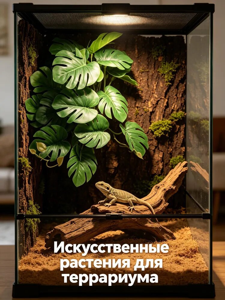 Искусственное зелёное растение из пластика для декора террариума и аквариума
