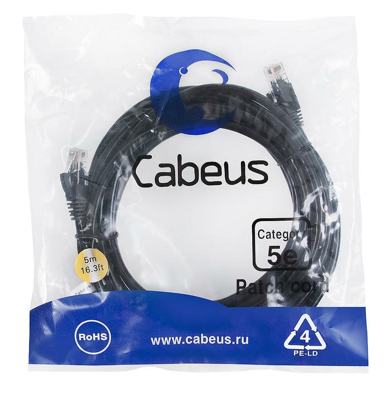 Патч-корд U/UTP кат.5E PC-UTP-RJ45-Cat.5e-5m-BK-LSZH 2xRJ45/8p8c неэкранир. LSZH 5м черн. Cabeus 9541c