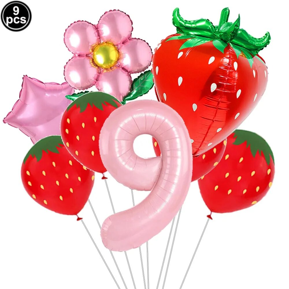 Шары для праздника клубника и цифра 9, розовый, 9 шт.