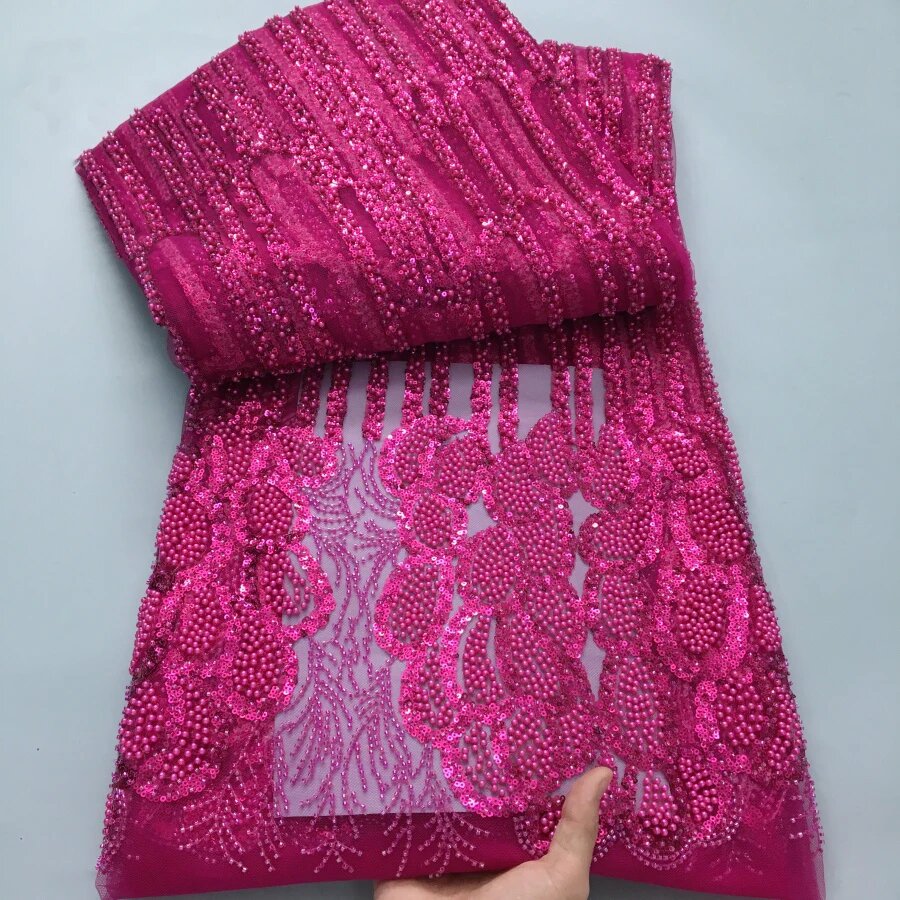 Розовая нигерийская тюлевая ткань с бисером Luxury Lace5