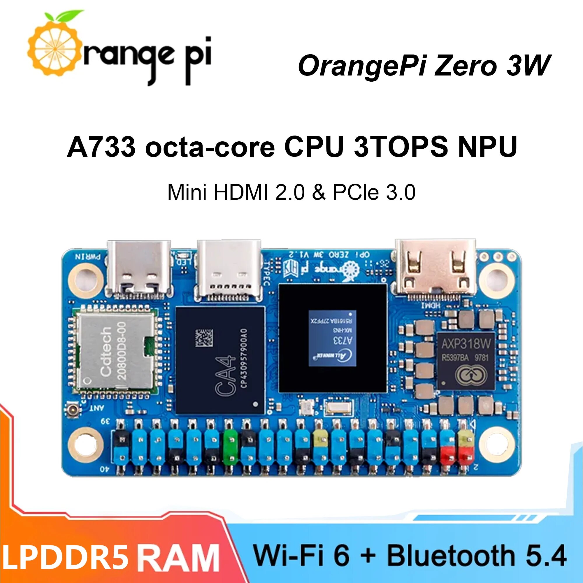 Orange Pi Zero 3W, 12GB RAM, оранжевая плата — фото 1