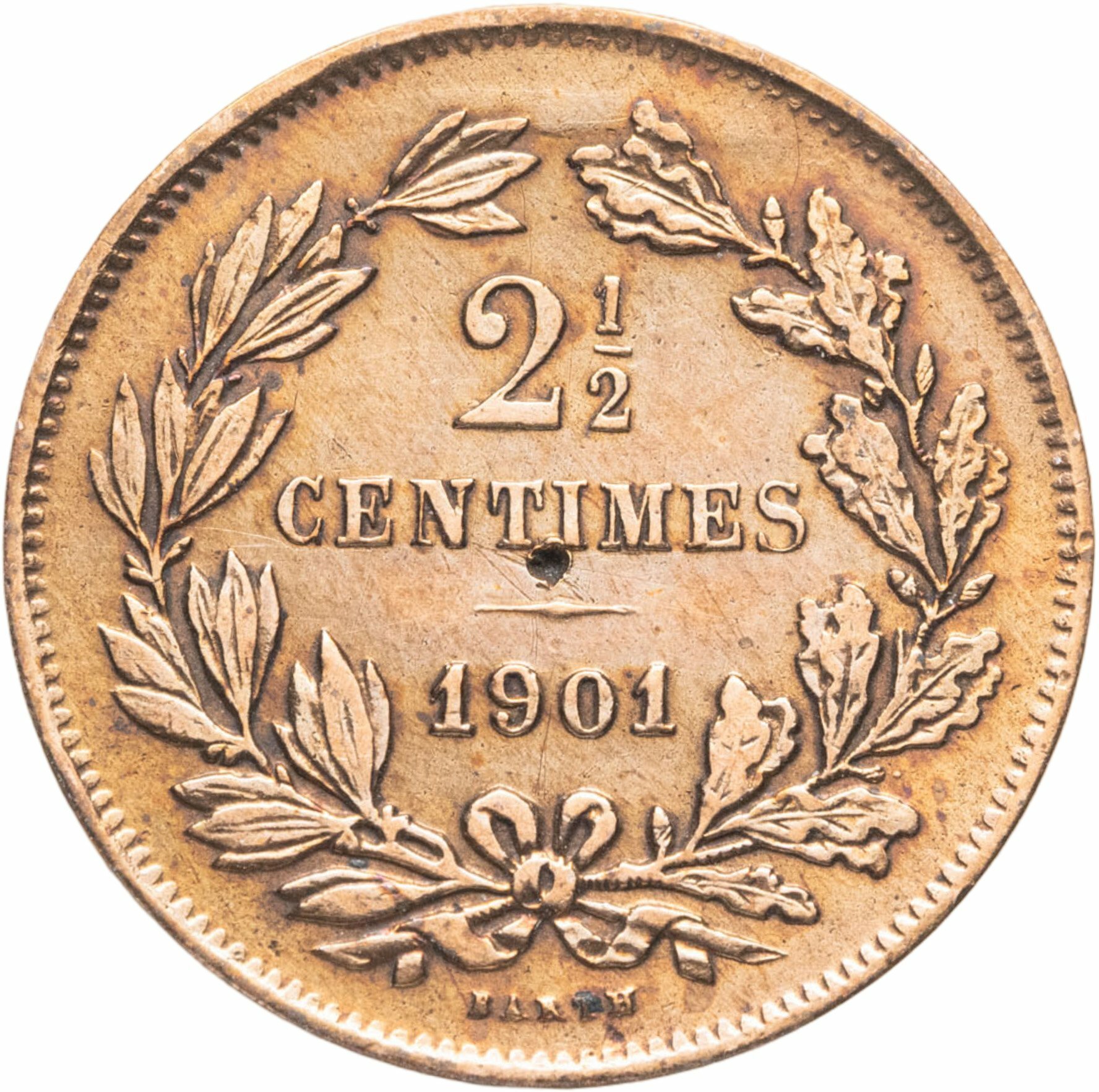 Люксембург 2 1/2 сантима centimes 1901, Бронза, в сохранности VF-XF