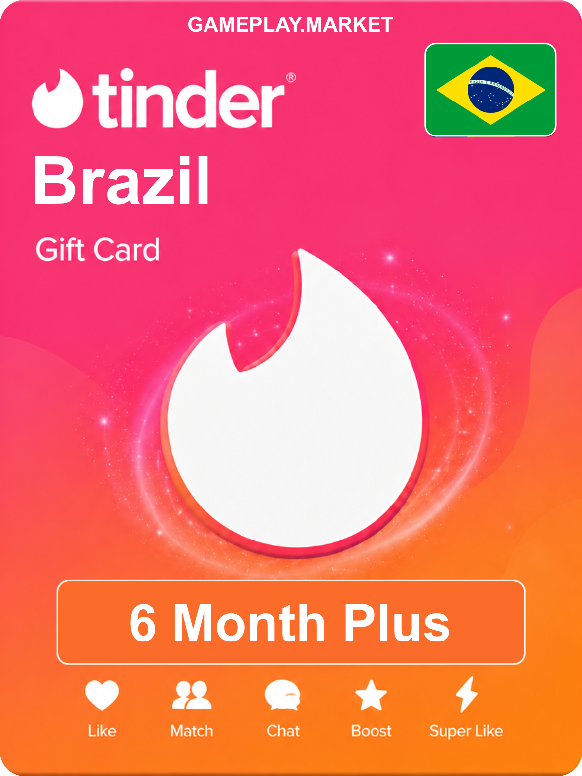 Подарочная карта Tinder Plus 6 месяцев подписки / Для аккаунта Бразилии / Оригинальный цифровой код