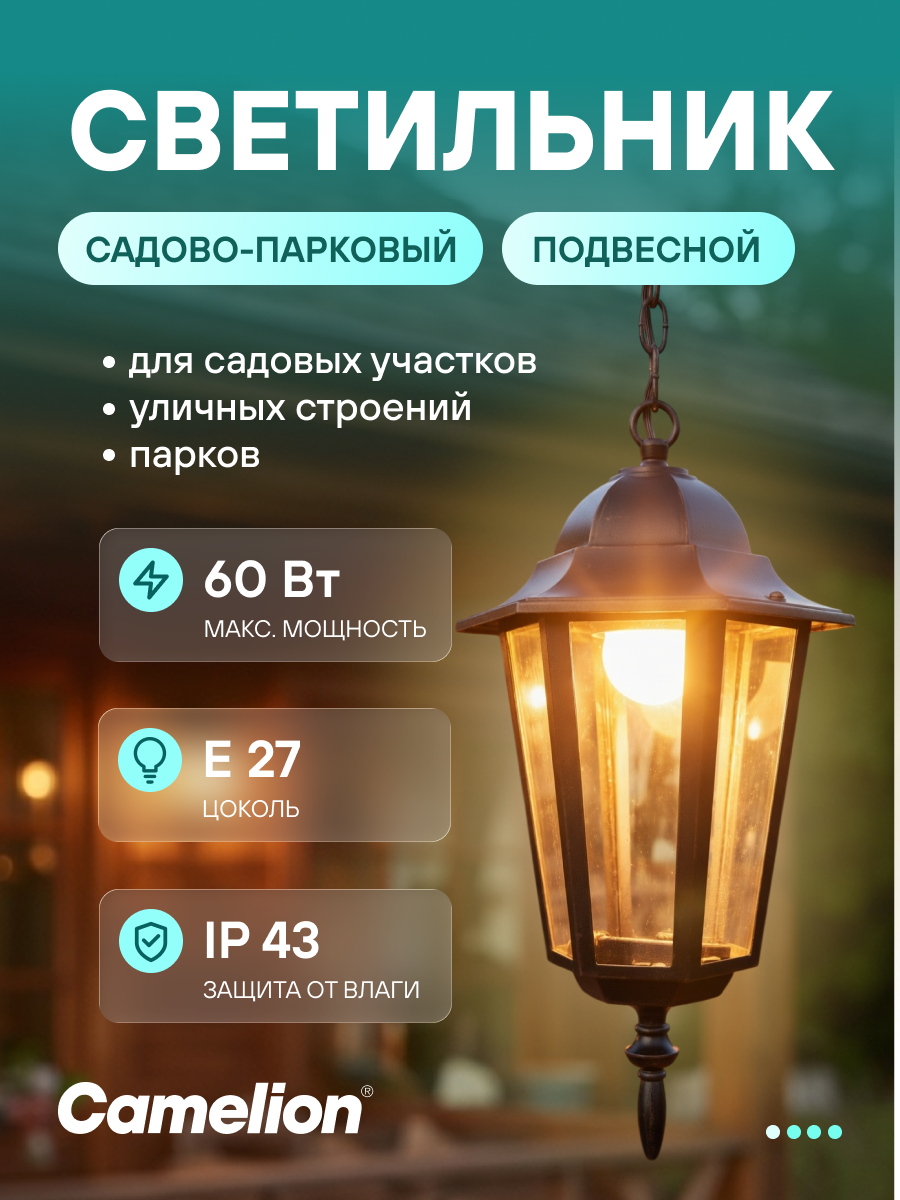 Уличный светильник подвесной Camelion Е27, IP44, черный, металл