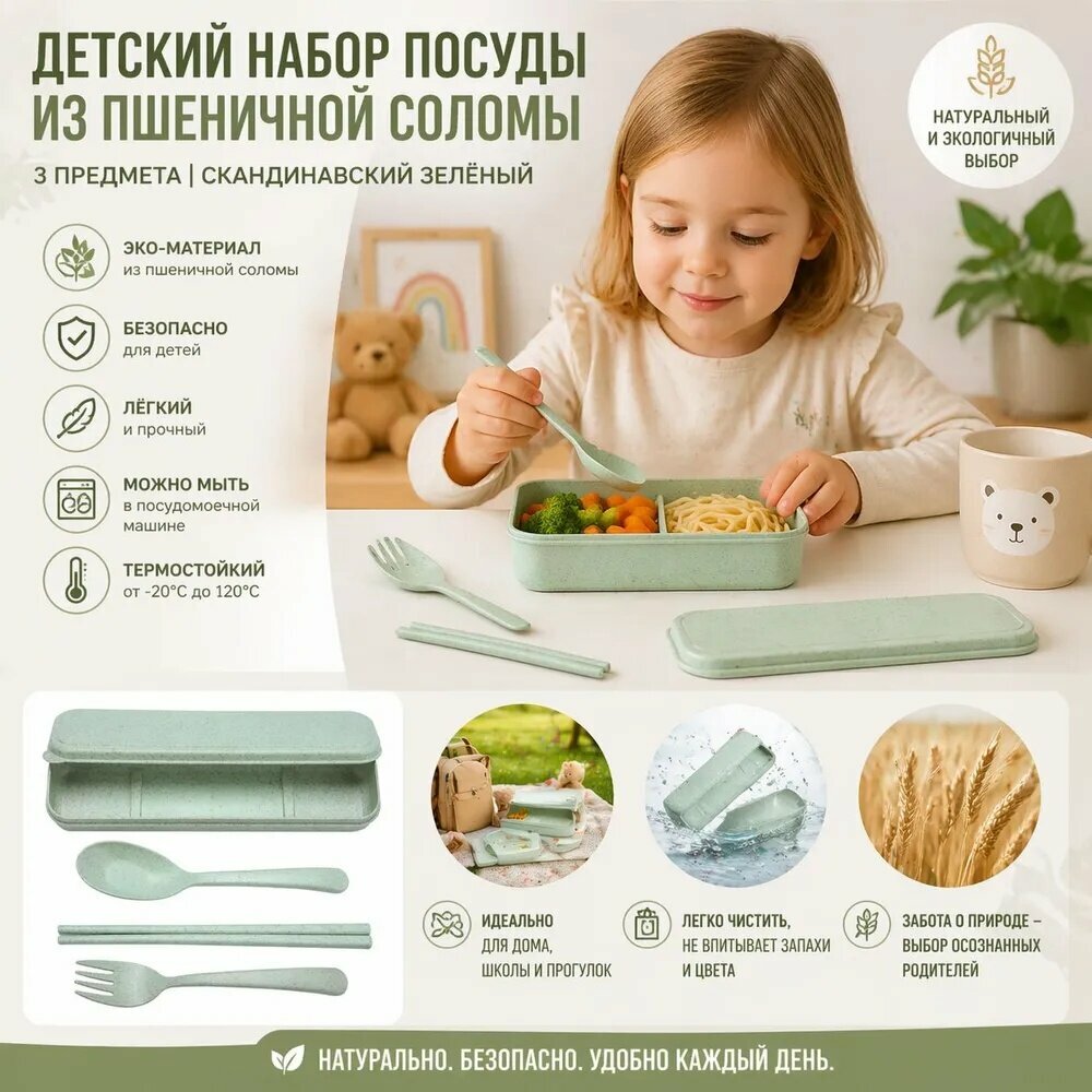 Портативный детский столовый набор из 3 предметов из пшеничной соломы, цвет скандинавский зелёный, с дорожным футляром, в комплекте ложка, вилка, палочки для еды