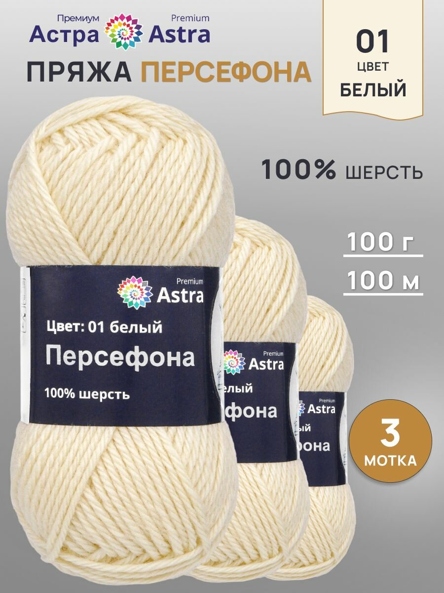 Пряжа для вязания Astra Premium 'Персефона' 100г, 100м (100% шерсть) (01 белый), 3 мотка