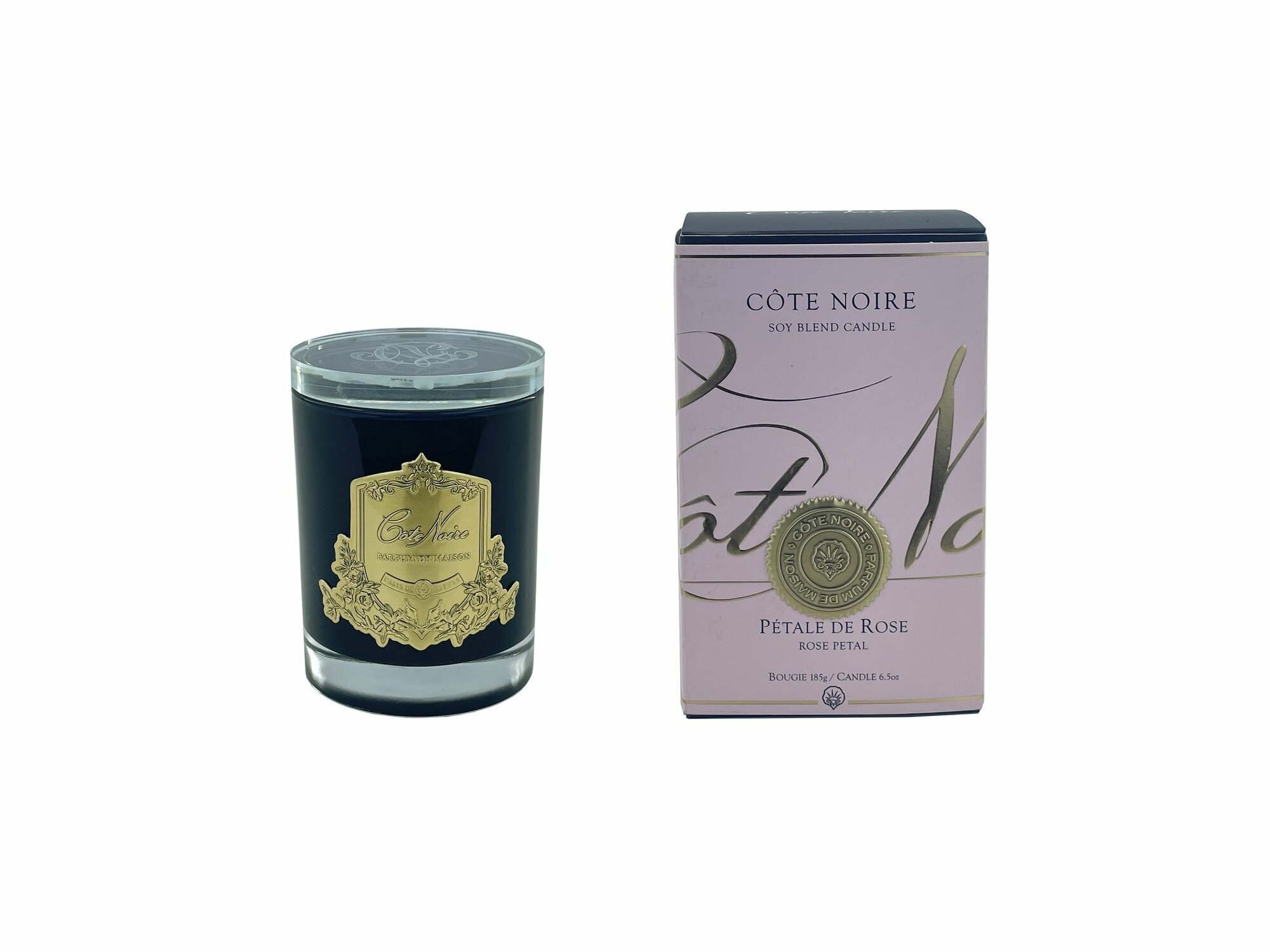 Свеча COTE NOIRE PETAL DE ROSE 185 гр, черный стаканчик, золотой декор, ВхШхД 13,5х8х8 см соевый воск, время горения 60ч