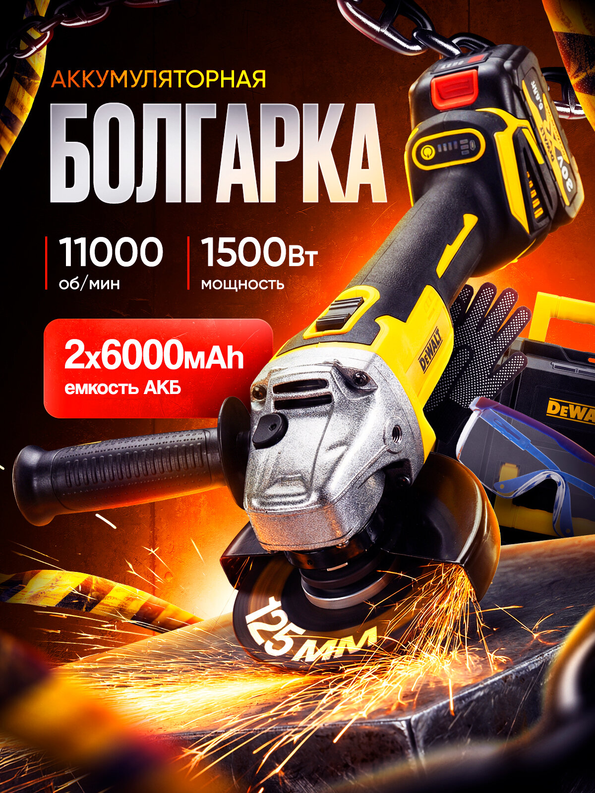 Болгарка Аккумуляторная УШМ бесщёточная 125 мм, 36v , 2 аккумулятора в комплекте, с регулировкой оборотов