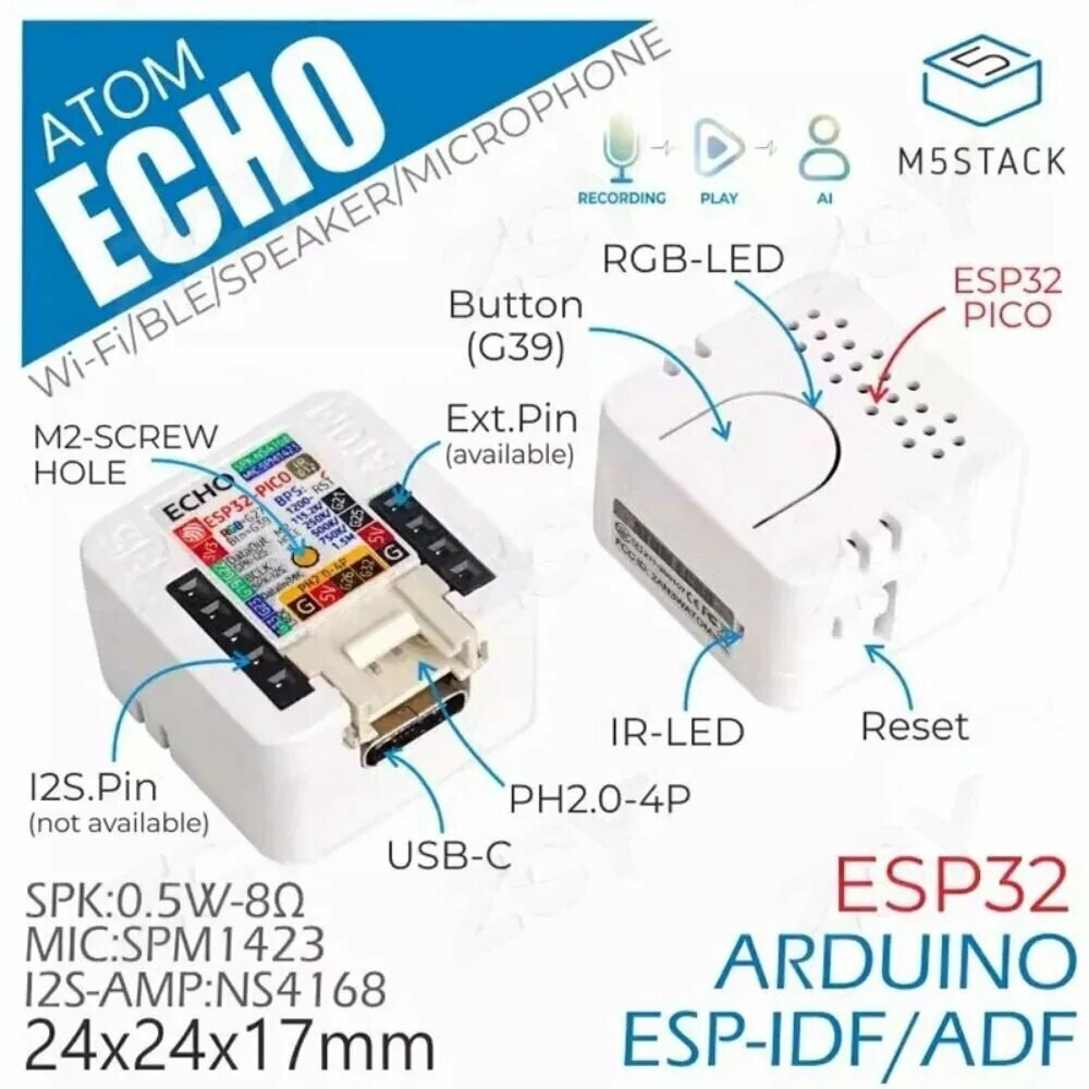 M5Stack ATOM Echo Программируемый умный динамик Встроенный ESP32 Bluetooth Wi Fi IoT
