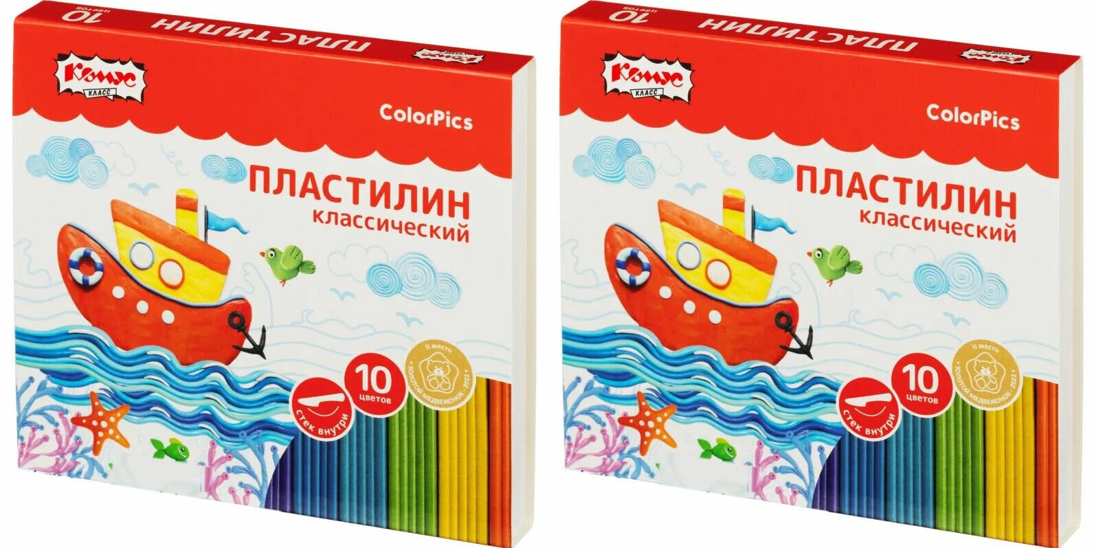 Комус Класс Пластилин классический со стеком ColorPics, 10 цветов, 200 г, 2 уп