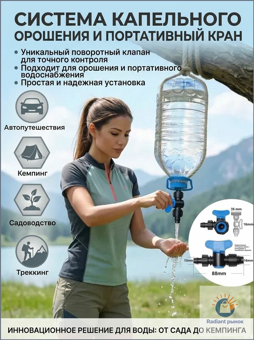 Компактный универсальный рукомойник: кран-насадка на бутылку с водой 0.5-5л, туристический рукомойник-кран для дачи