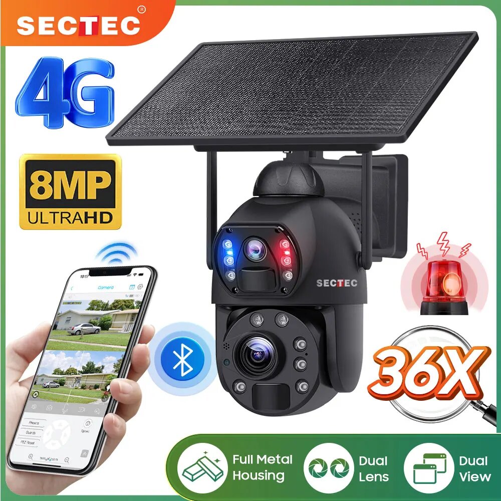 SECTEC 8MP 36X зумовая камера PTZ с двойным обзором, солнечной батареей, Wi-Fi, беспроводная домашняя наблюдательная камера, солнечная охранная камера с ночным видением