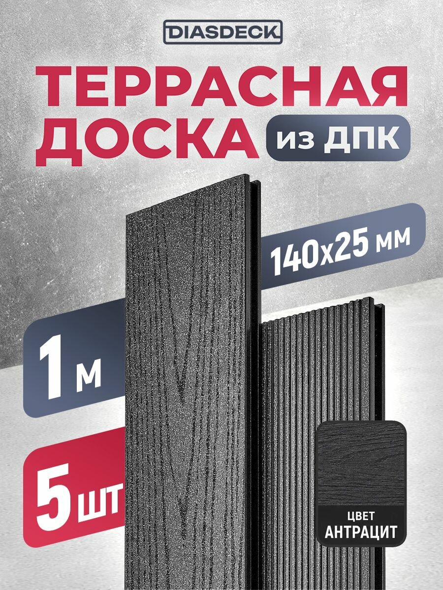 Террасная доска из ДПК двуxсторонняя Diasdeck 1000x140x25 мм цвет антрацит, комплект 5 шт