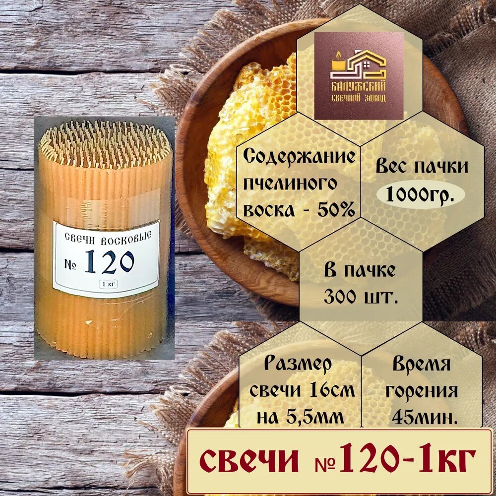 Калужский Свечной Завод Свечи церковные "Пчелиный воск", 16 см х 0.55 см, 300 шт