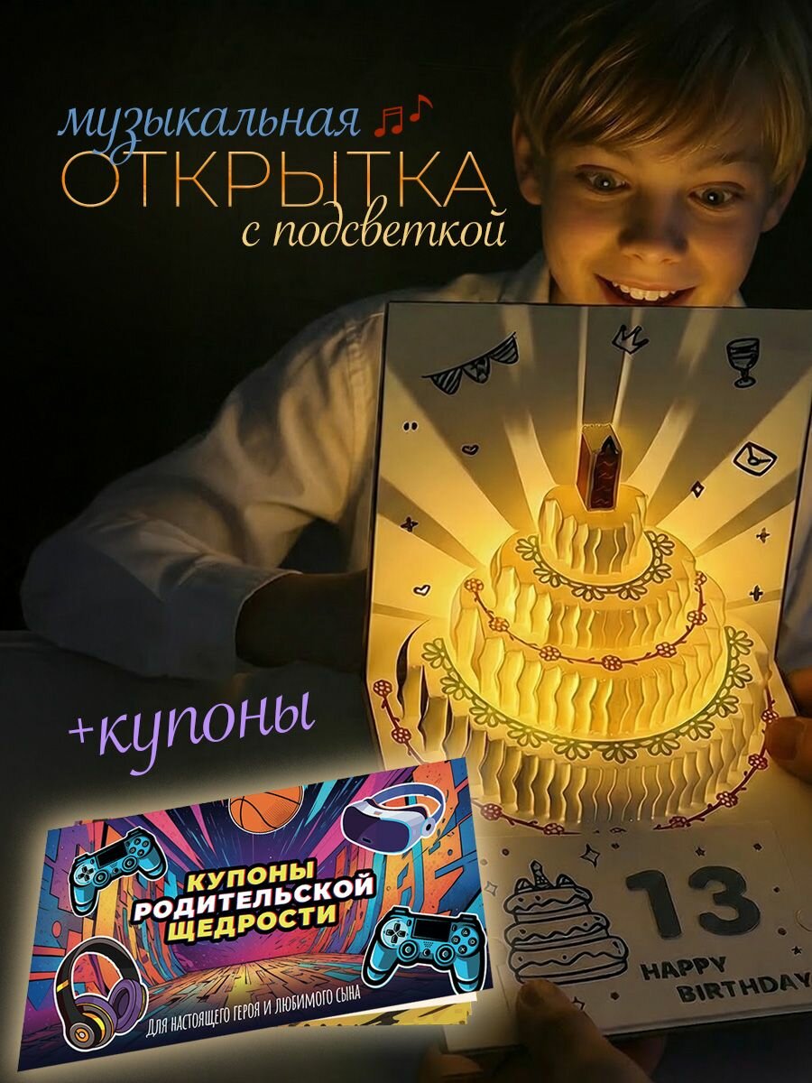 Открытка С днем рождения музыкальная и купоны для мальчика