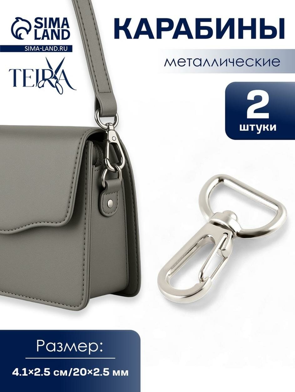 Карабин металлический TEIRA, набор 2 шт, 6.9 г, 4.1×2.5 см/20×2.5 мм, цвет серебряный