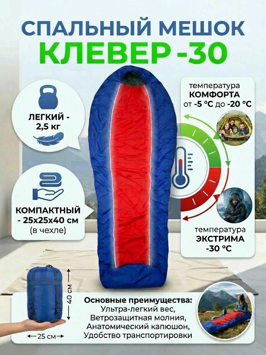 Спальный мешок зимний туристический -30/-20/-5 Клевер, легкий, компактный, широкий