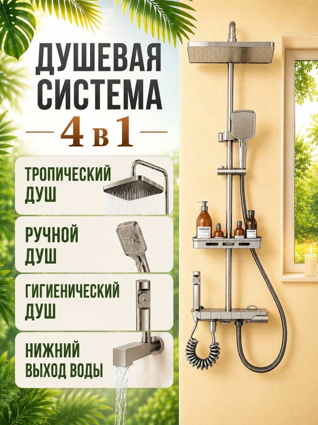 Душевая система с тропическим душем и смесителем,4в1