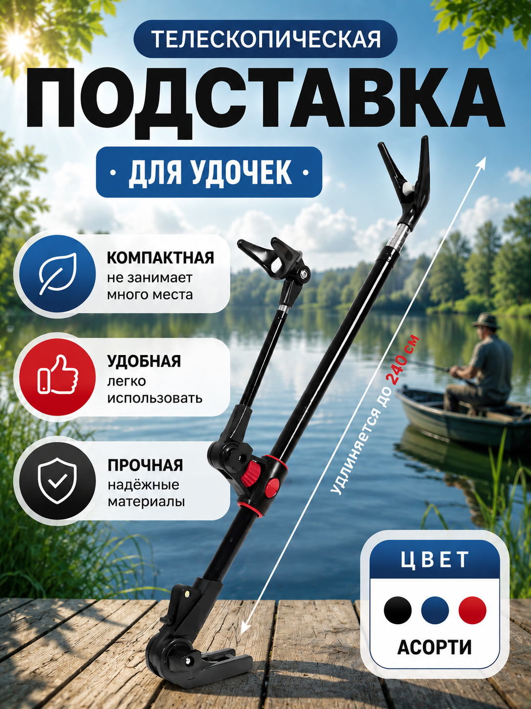 Подставка под удилище / подставка для удочки телескопическая / 240 см