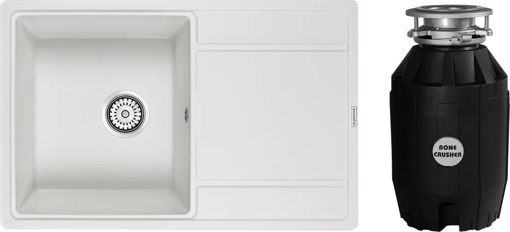 Комплект Мойка Paulmark Flugen 50-780 PM217850-WH 78x50, белая, искусственный гранит / Измельчитель Bone Crusher BC 810-AS электрический, нержавеющая сталь