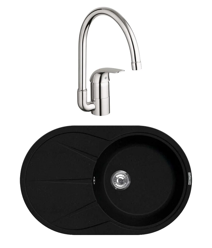 Комплект Мойка Lava E3. LAV 77x49, лава, кварц / Смеситель Grohe Euroeco 32752000 глянцевый хром