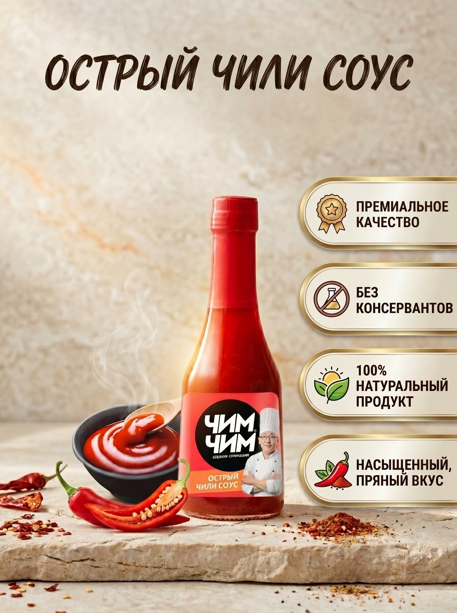Соус ЧИМ-ЧИМ Чили, острый, универсальный, стеклянная бутылка, 270мл, 325гр