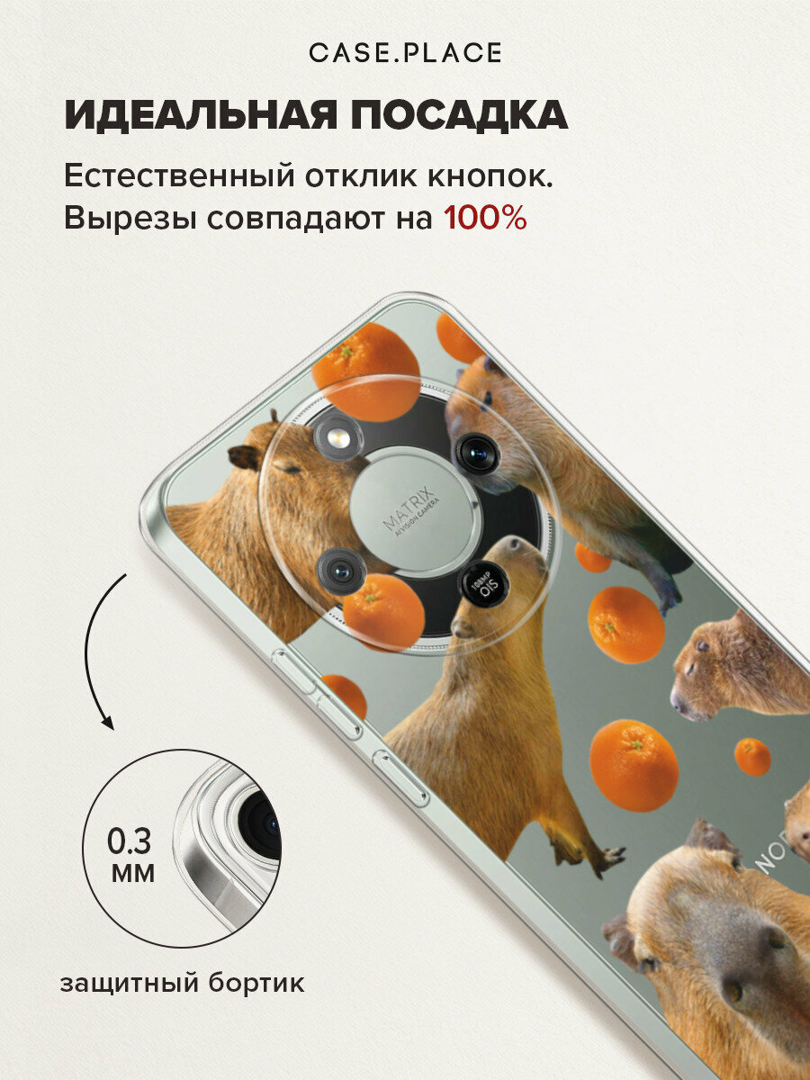 Чехол на Honor X9d / Хонор X9d с принтом Капибара и апельсины, прозрачный — фото 1