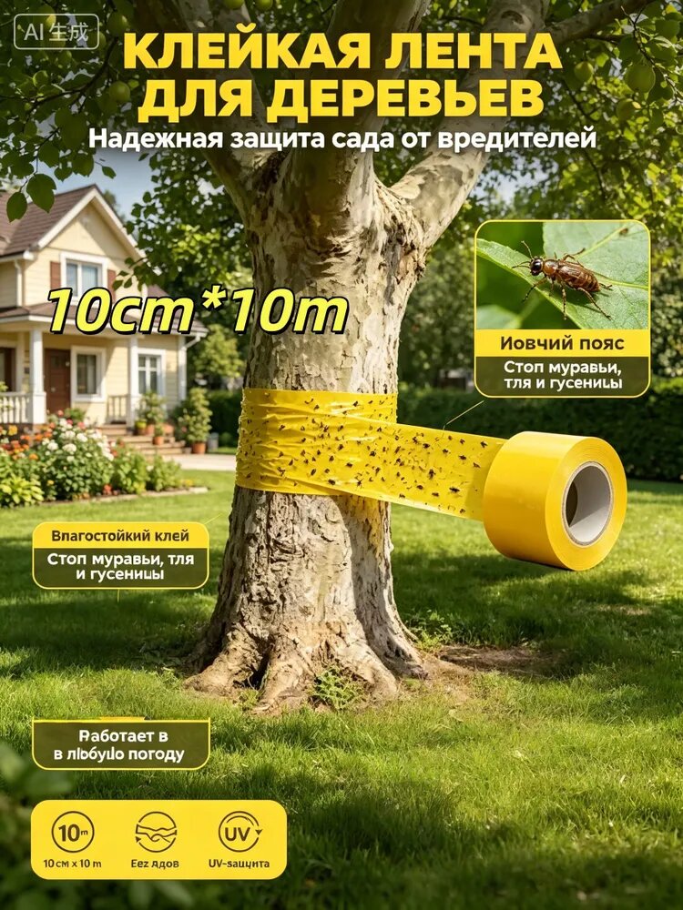 Ловчий пояс для деревьев от насекомых, 10 см х 10 м - защитная клейкая лента с двойной липучкой от муравьев, тли и гусениц для садовых растений