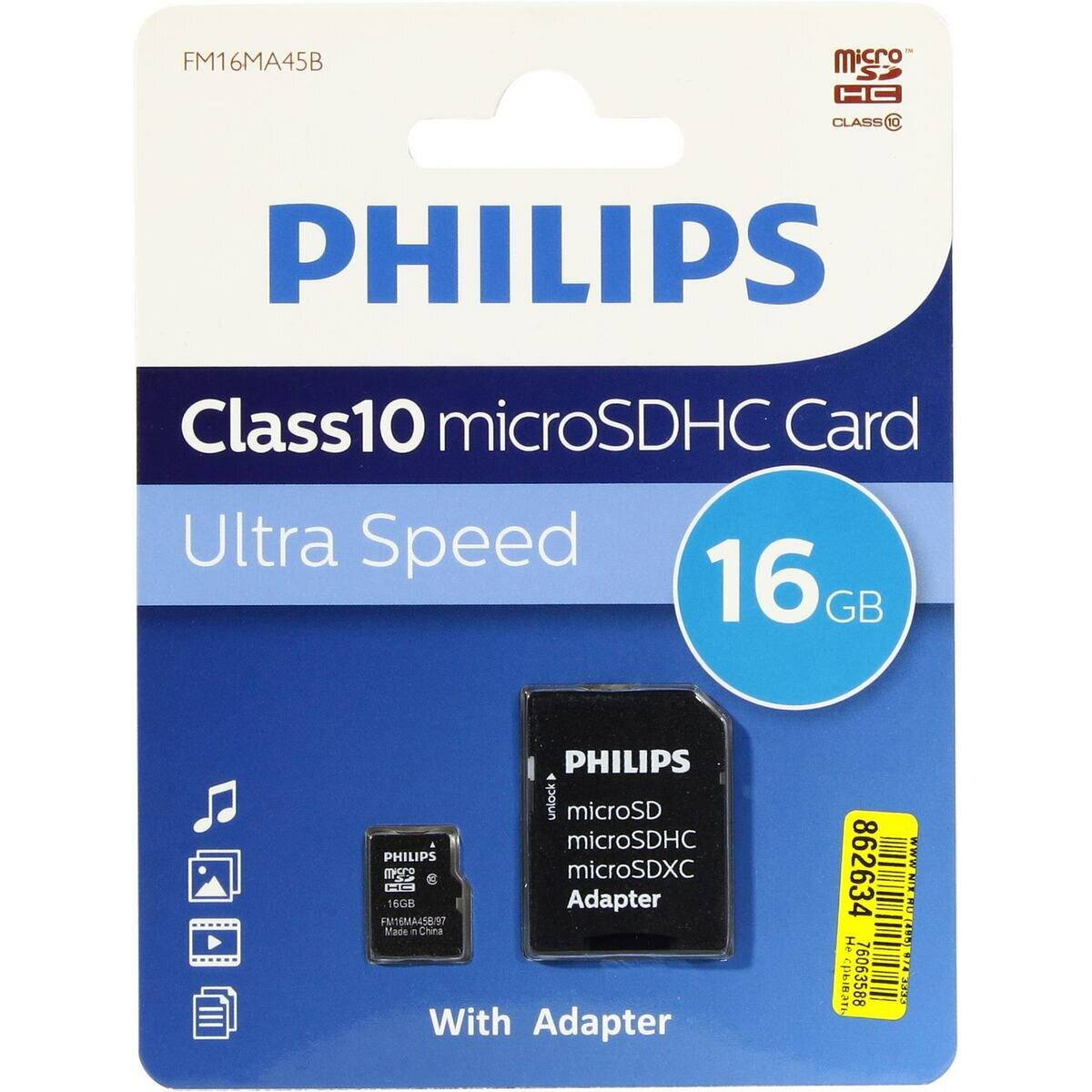 PHILIPS microSDHC Memory Card 16Gb Class10 + microSD-->SD Adapter