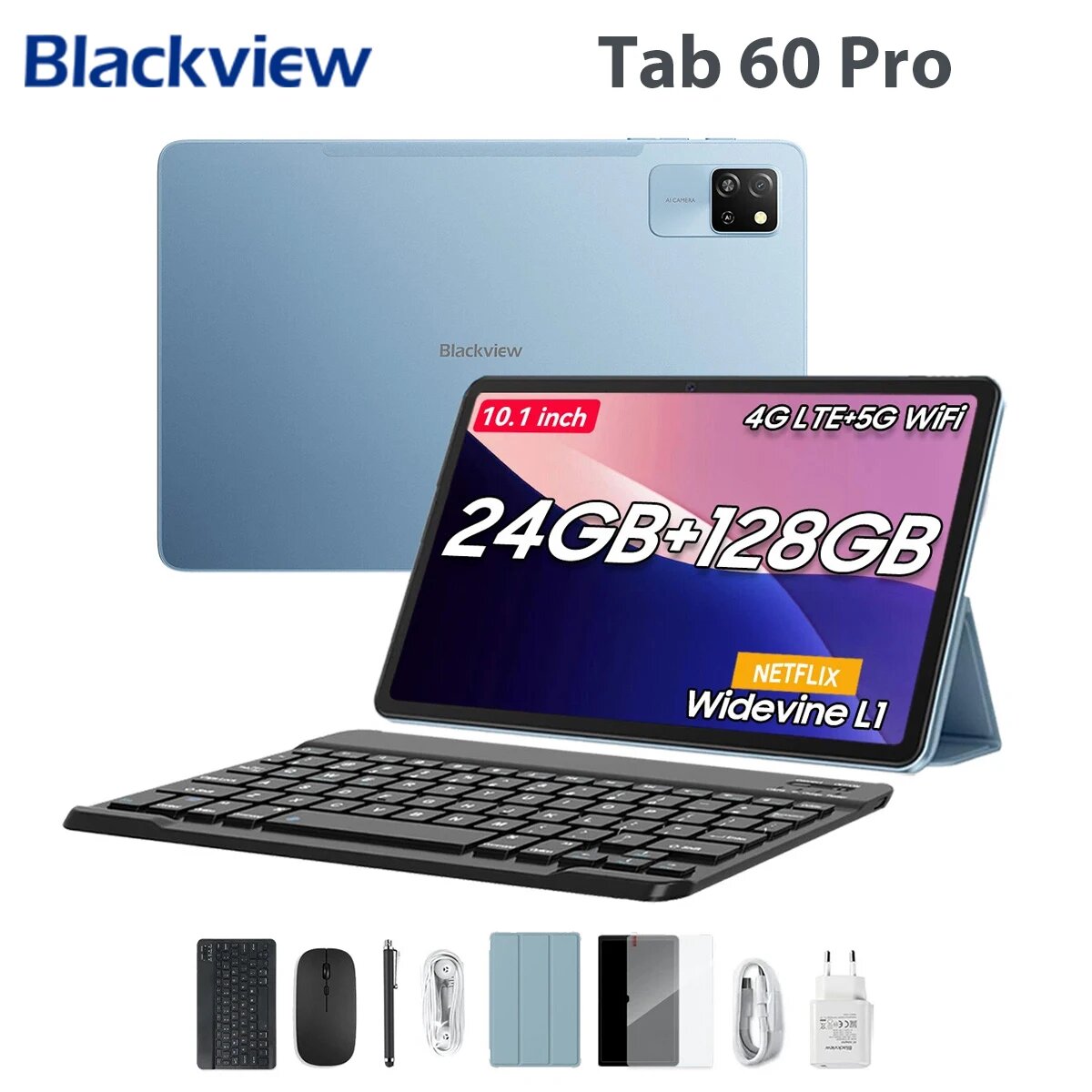 Планшет Blackview Tab 60 Pro на Android 14, 10,1 дюйма, 24 (8, 16) ГБ, 128 ГБ, аккумулятор 7700 мАч, в комплекте с клавиатурой, мышью и стилусом — серый/синий.