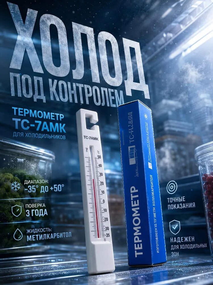 Термометр для холодильника и морозильной камеры ТС-7АМК (-35+50C), жидкостный безртутный с поверкой ГР СИ. Точный градусник для дома, склада и медицины с крючком для подвешивания.