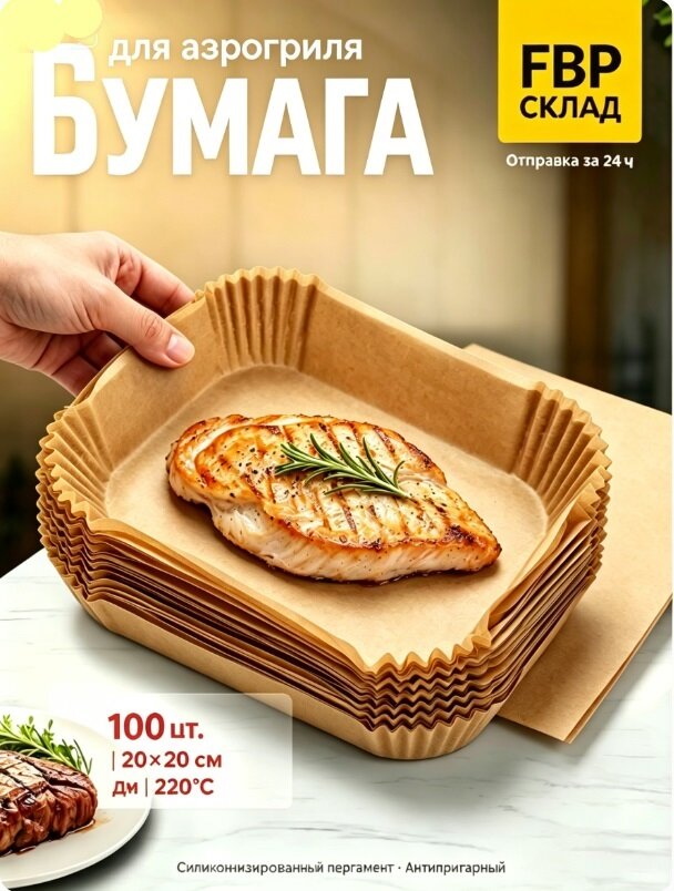 Бумажные формы для аэрогриля, 100 шт, 20×20 см | Силиконизированный пергамент | Антипригарные (Длина: 0.2 м; Цвет товара: 20*20cm; Комплектация: 100)