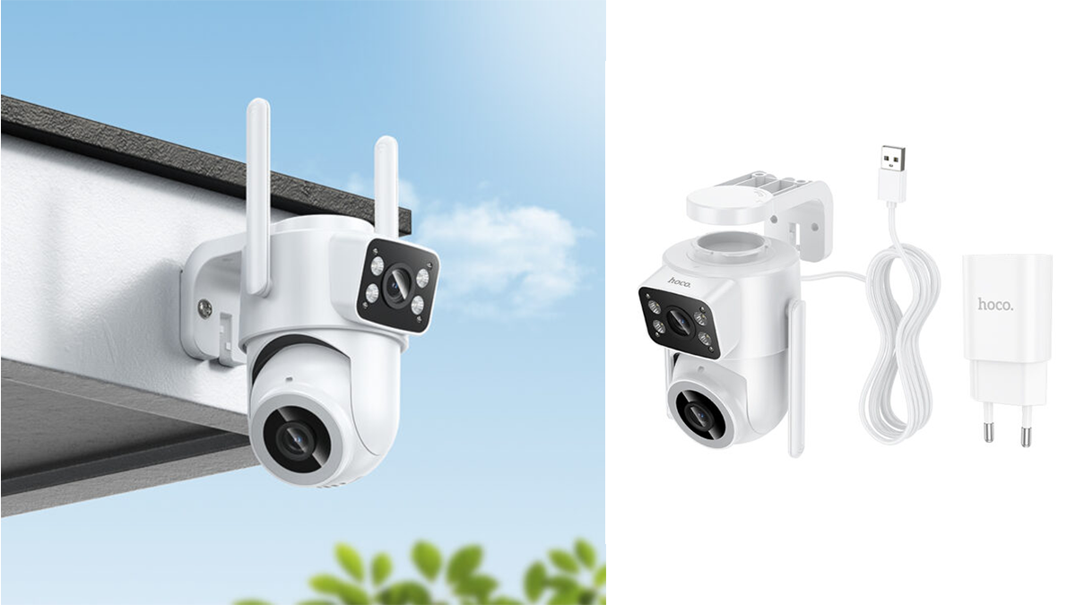 Уличная камера видеонаблюдения Hoco D9 Outdoor PTZ HD Dual Camera, IP65, Wi-Fi 2.4G, IOS/Android, Поддержка micro SD/TF 128Gb, Белый