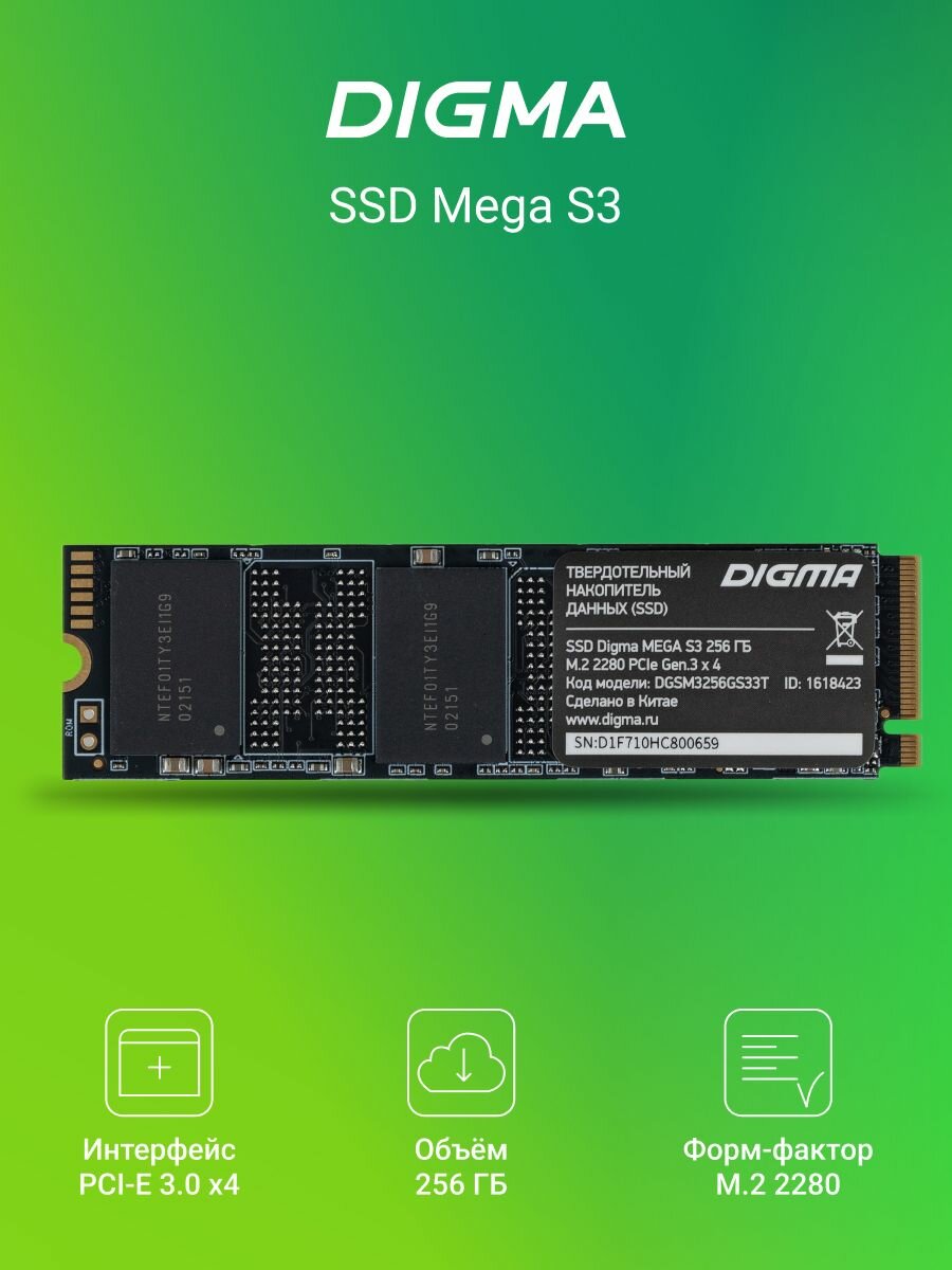 Digma 256 ГБ Внутренний SSD-диск Mega S3 M.2 2280, PCIe 3.0 x4, NVMe, M.2, PCI-E 3.0 (DGSM3256GS33T)