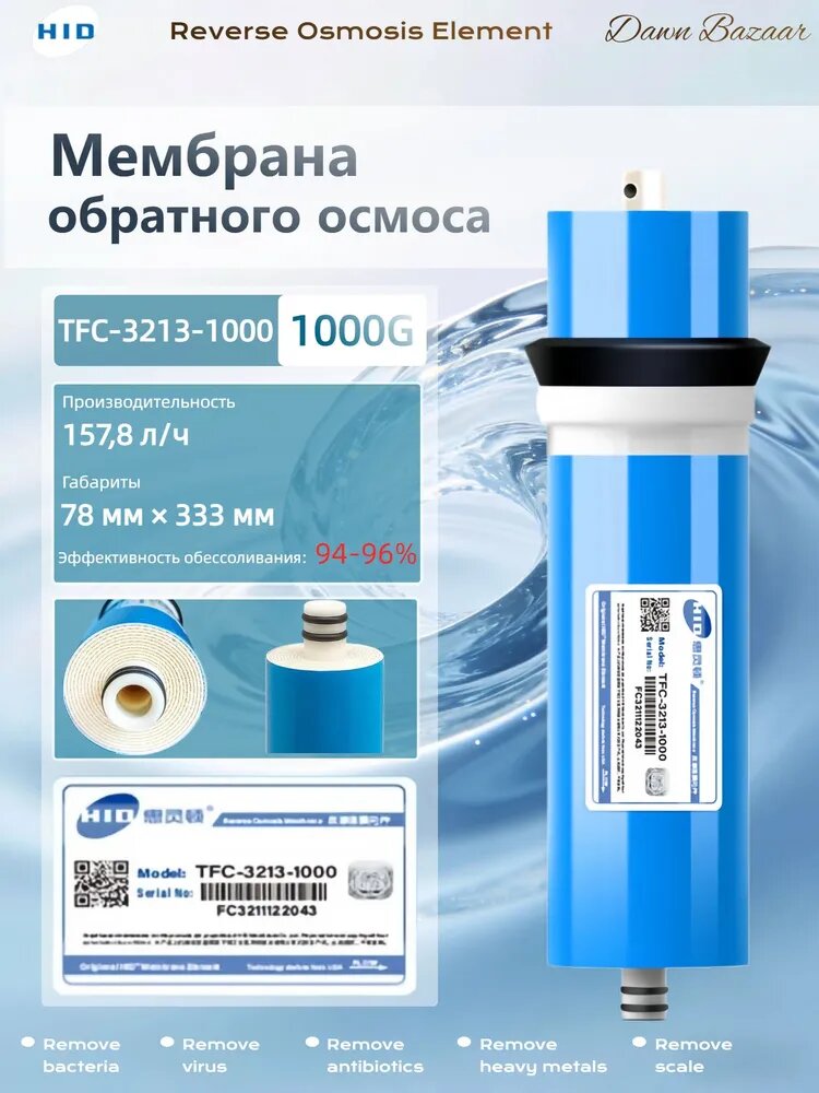 Мембрана обратного осмоса HID TFC-3213-1000, 1000 GPD, поток 2.63 л/мин, размер 78x333 мм, совместимость с корпусами 3213, универсальная для разных брендов