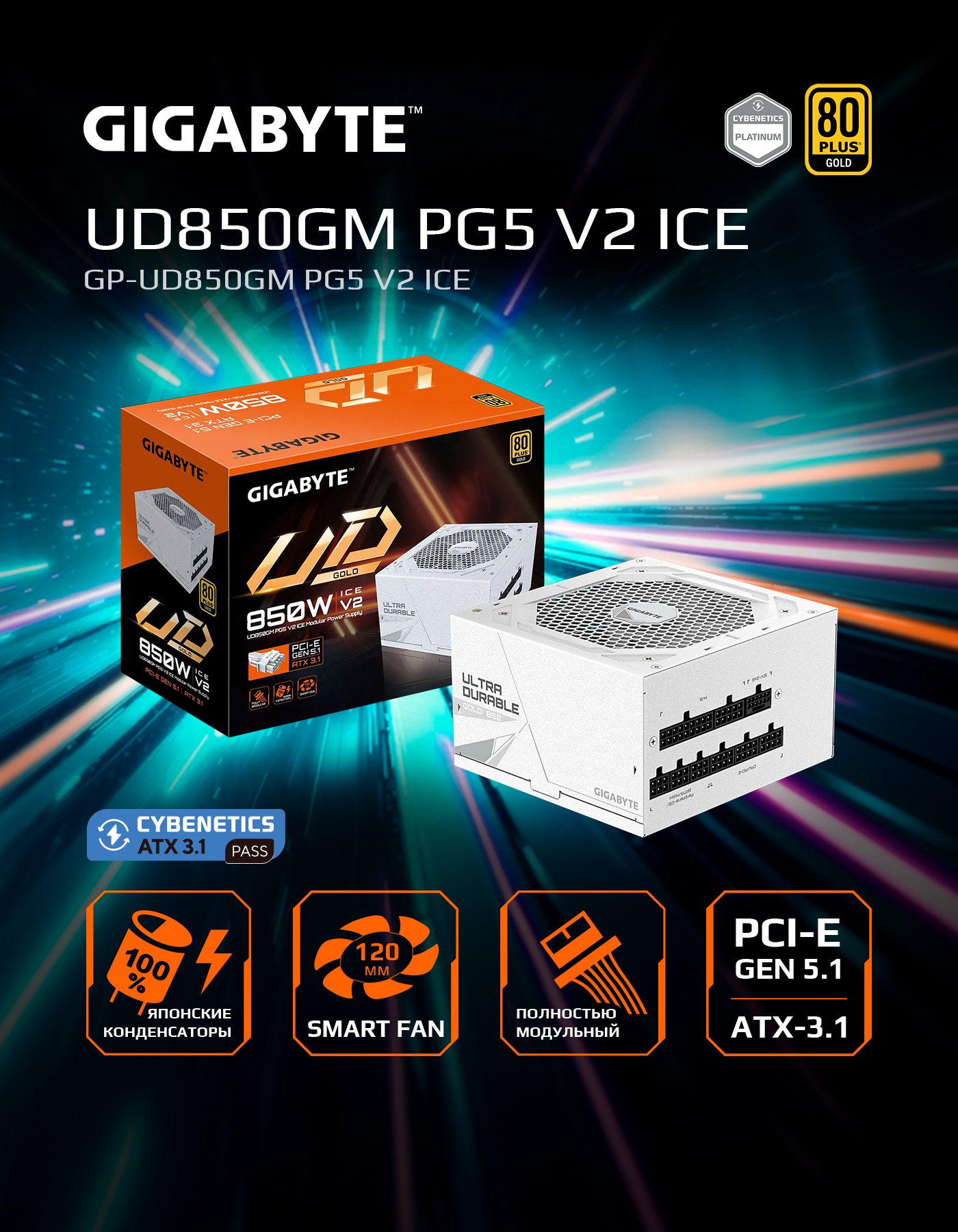 Блок питания ПК Gigabyte UD850GM PG5 V2 ICE, 80PLUS Gold (GP-UD850GM PG5 ICE)