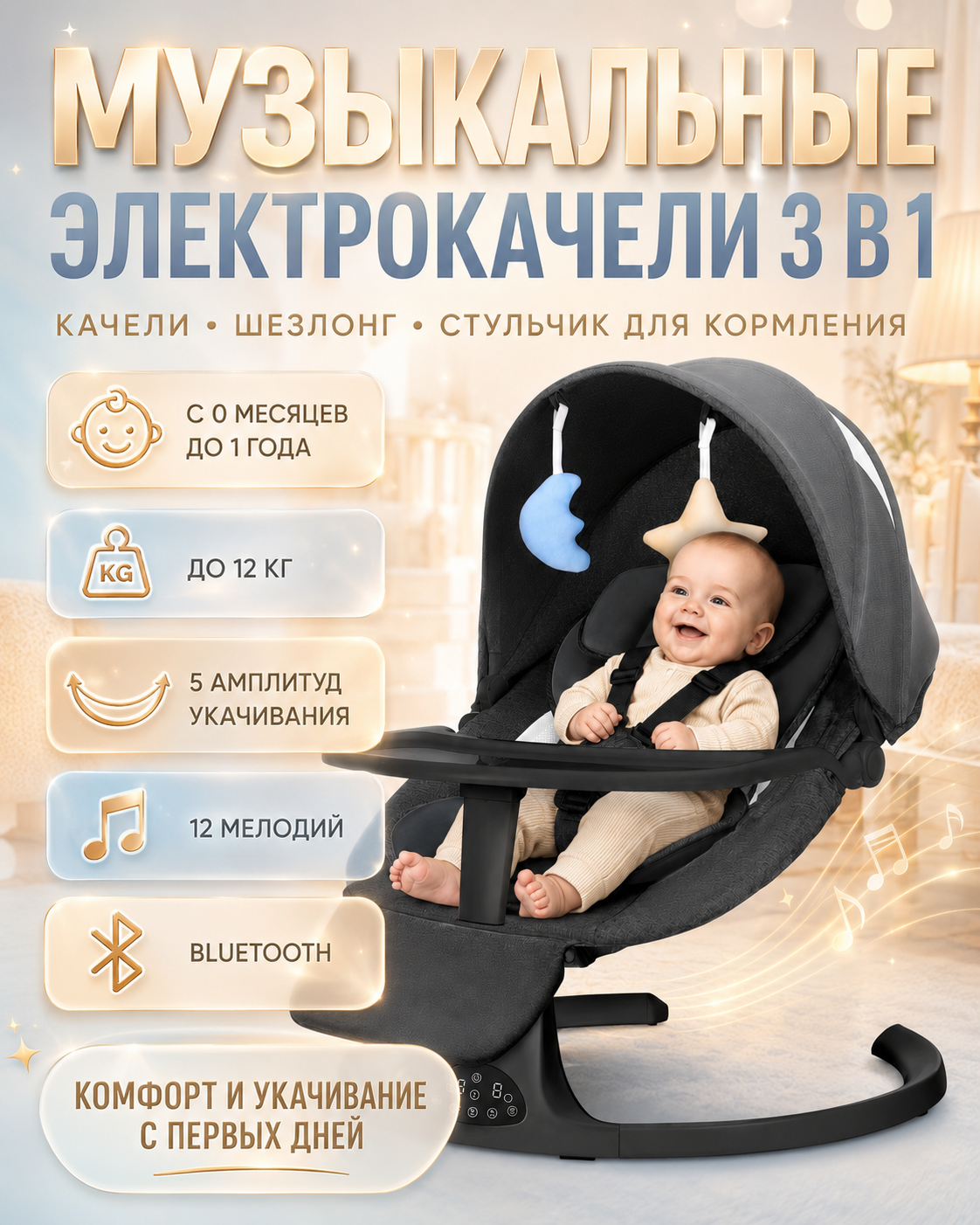 Электрокачели для новорожденных, умные качели шезлонг с цифровым дисплеем, детские, кокон