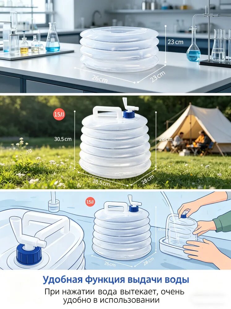 Канистра складная 15 литров BPA free. Для походов, кемпинга, авто, дачи и дома.