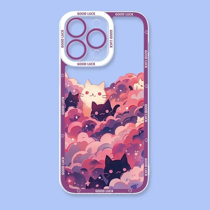 Чехол для iPhone розовый "Черные коты в звездном небе"