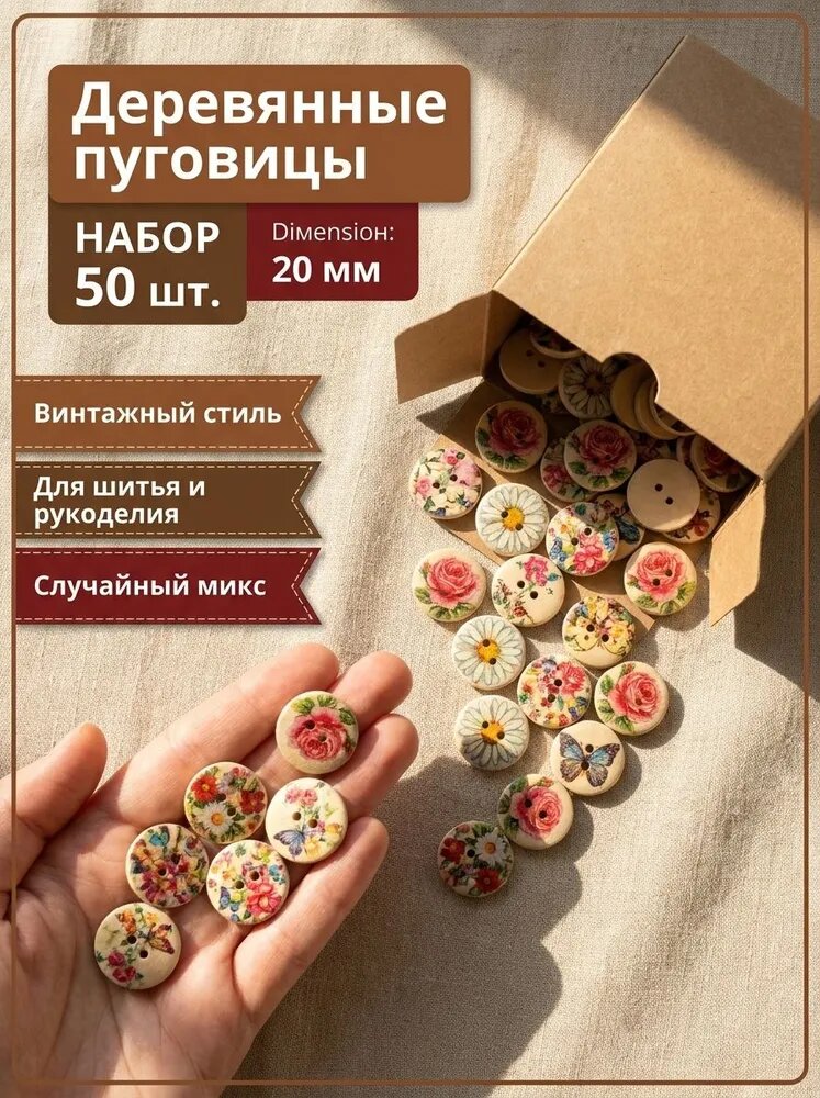 Набор деревянных пуговиц для шитья и рукоделия Винтажные цветы , 50 шт, 20 мм, декоративные пуговицы с 2 отверстиями для декора одежды и скрапбукинга