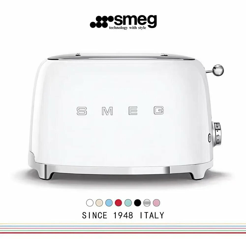 Тостер SMEG TSF01 мощностью 950 Вт на 2 ломтика хлеба, корпус из нержавеющей стали, хромированное основание, белый