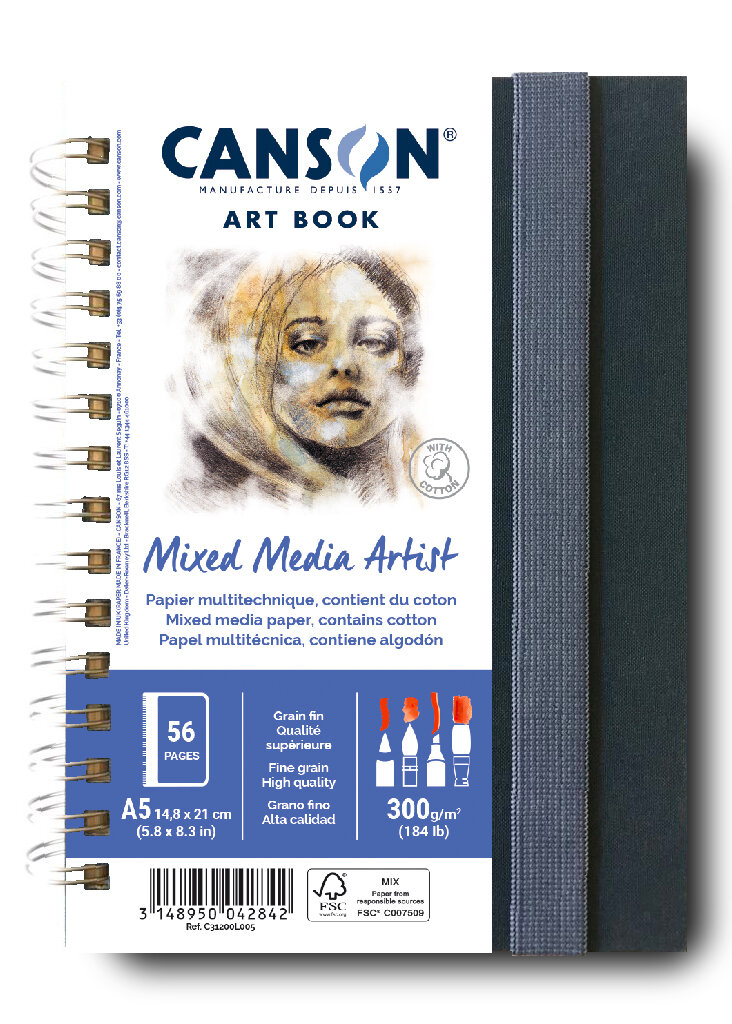CANSON MIX MEDIA ARTIST скетчбук для портретов в смешанных техниках рисования 300 г/м2, твердый переплет, на спирали, 28 листов А5 14.8 х 21 см, C31200L005