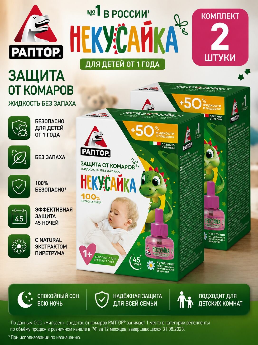 Набор 2 шт Раптор Жидкость от комаров для детей Некусайка 45 ночей 28 мл