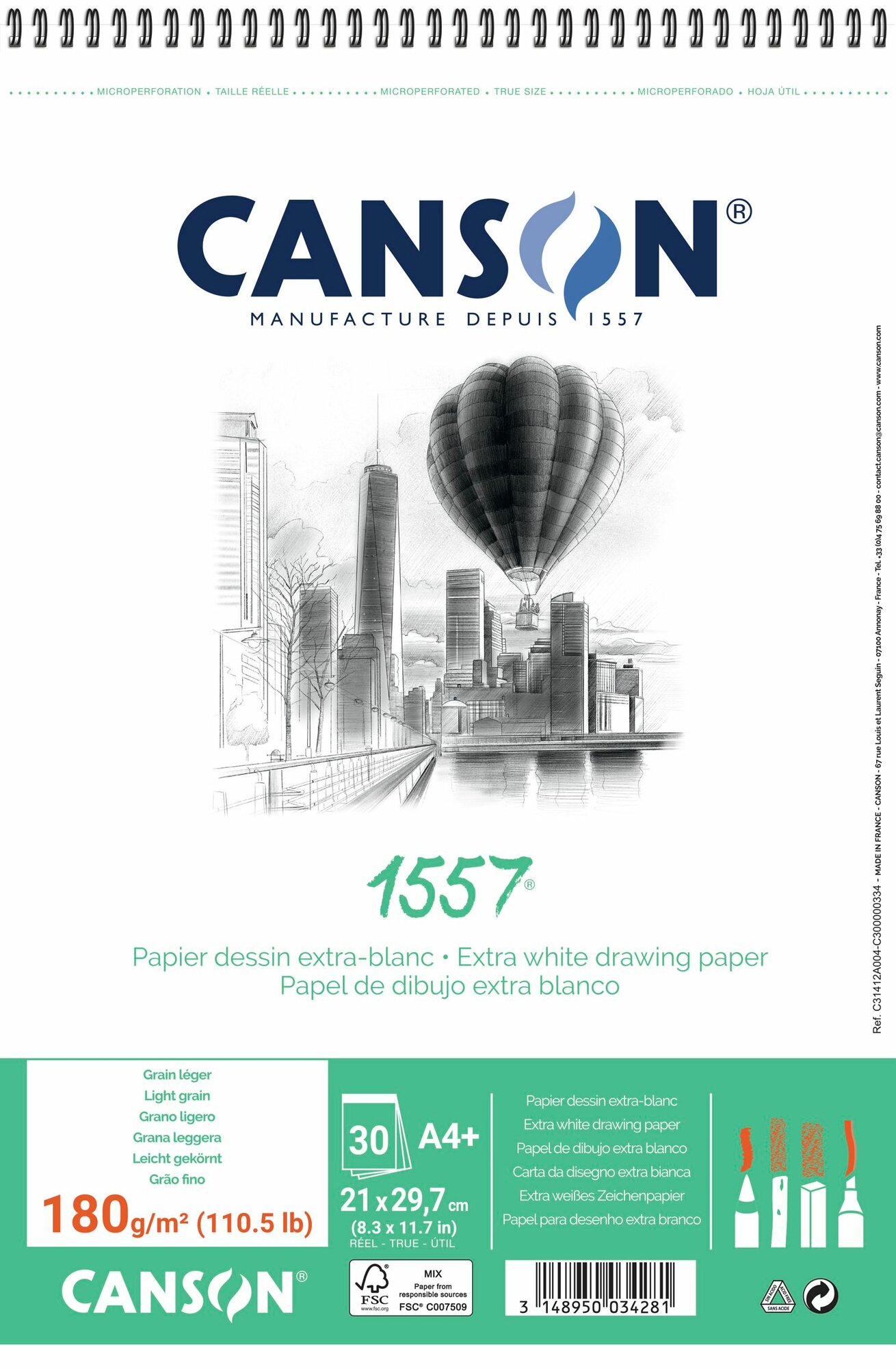 CANSON 1557 альбом для графики 180 г/м2, 30 листов A4 21 х 29.7 см, на спирали, C31412A004