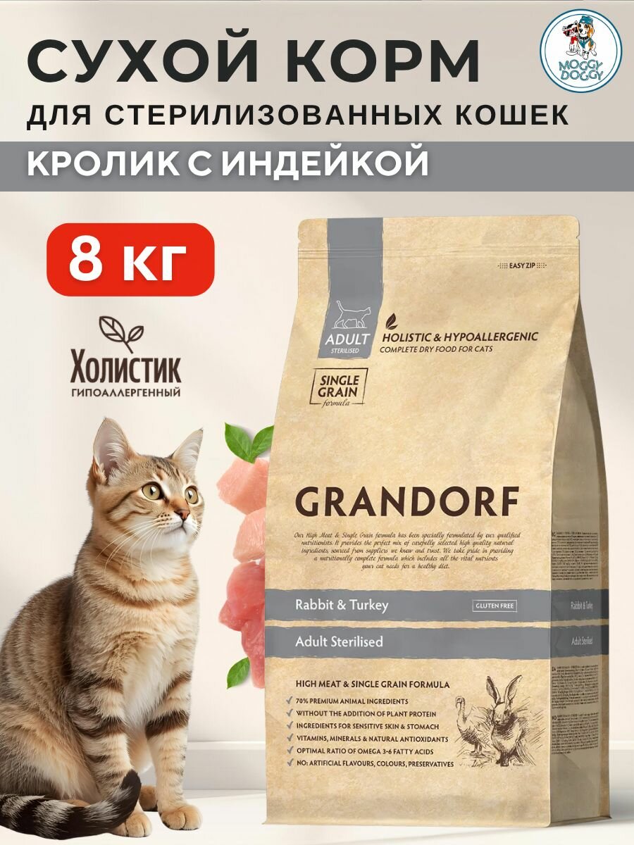 GRANDORF STERILISED Сухой корм для стерилизованных кошек, кролик с индейкой 8 кг