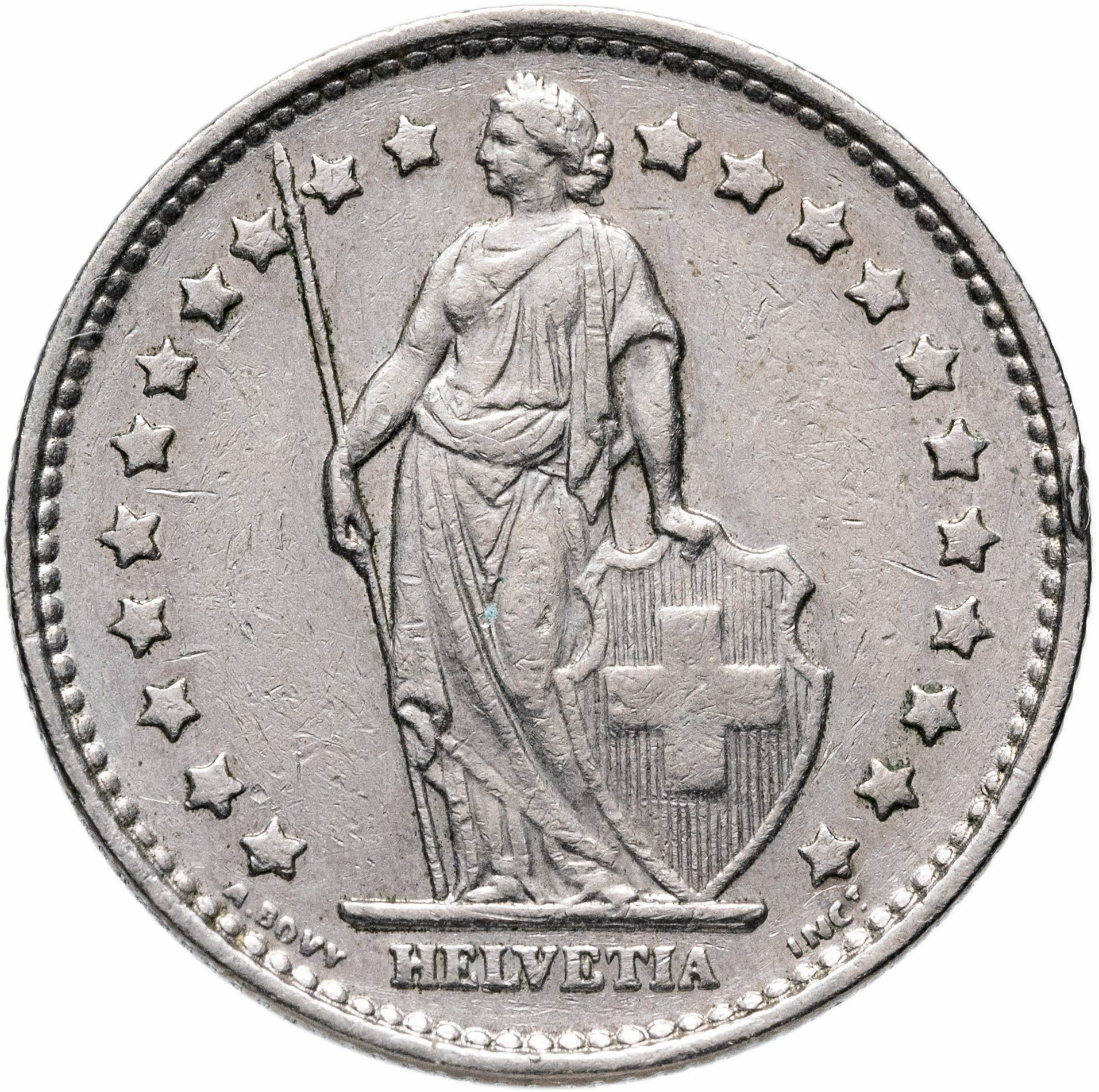 Швейцария 1 франк franc 1968, знак монетного двора: "B" - Берн, Мельхиор медь-никель, в сохранности XF